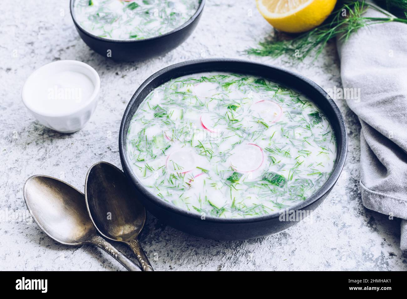 Okroshka. Traditional cold russian summer soup with radish, cucumber ...