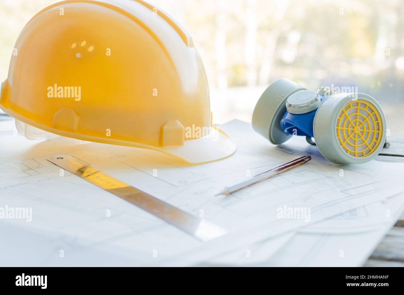 Engineering workplace, drawings, protective construction helmet and ...