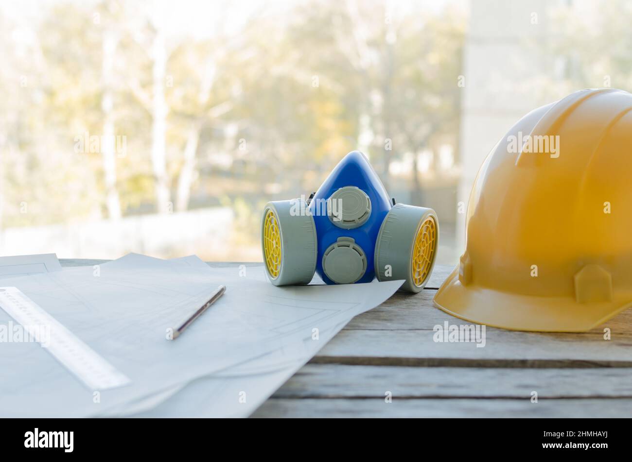 Engineering workplace, drawings, protective construction helmet and ...