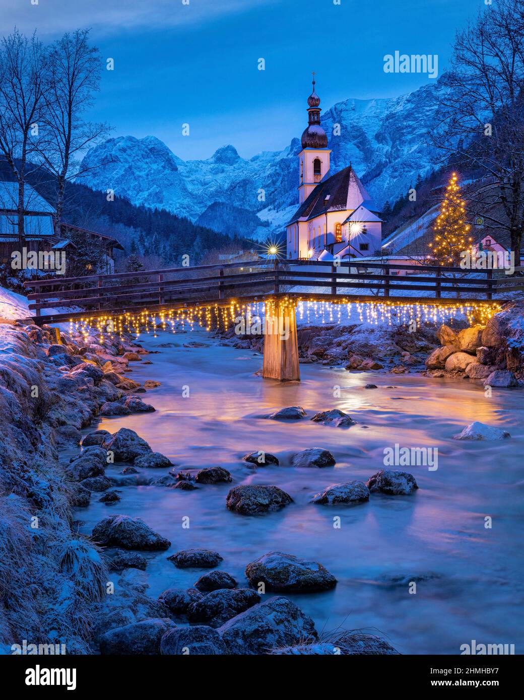 St sebastian church in ramsau with christmas lights at dusk hi-res ...