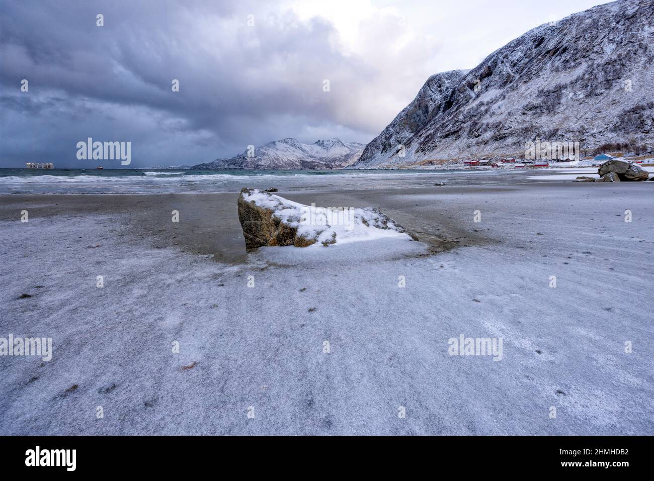On the snow-covered beach of the Grotfjord in Northern Norway Stock ...