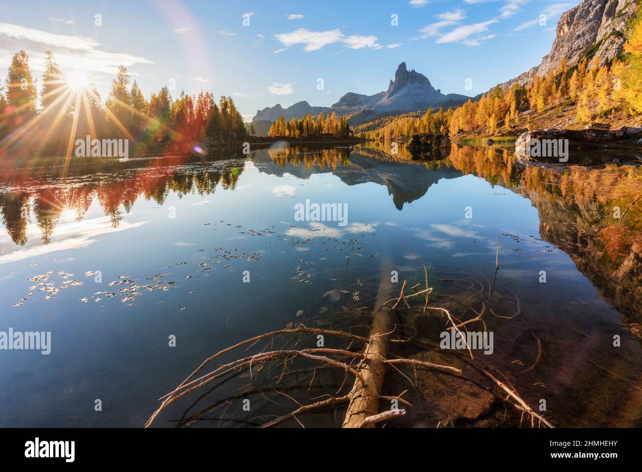 Alpine lake croda da lago hut with becco di mezzodi hi-res stock ...