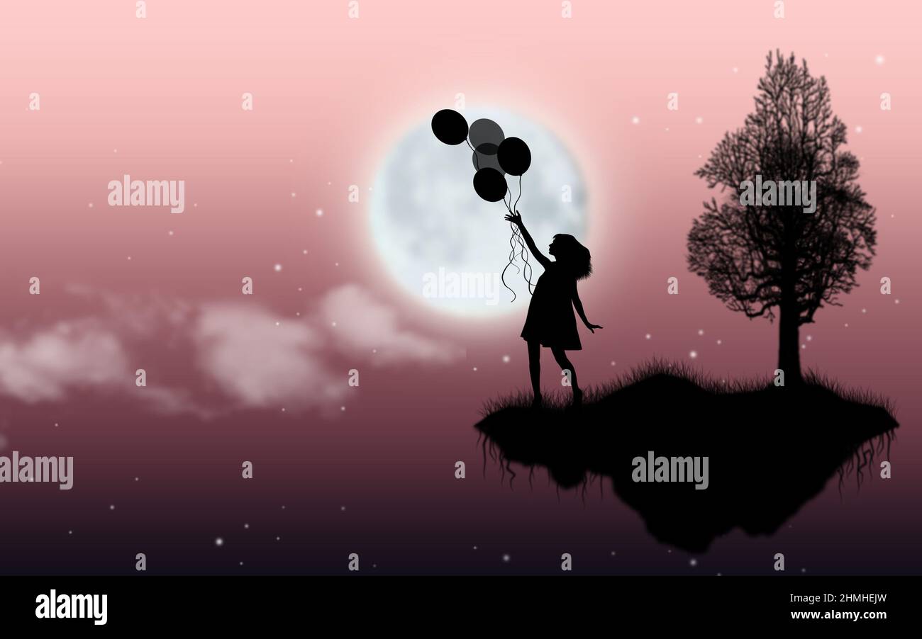 fantasy art girls with balloons on the background of the full moon ...