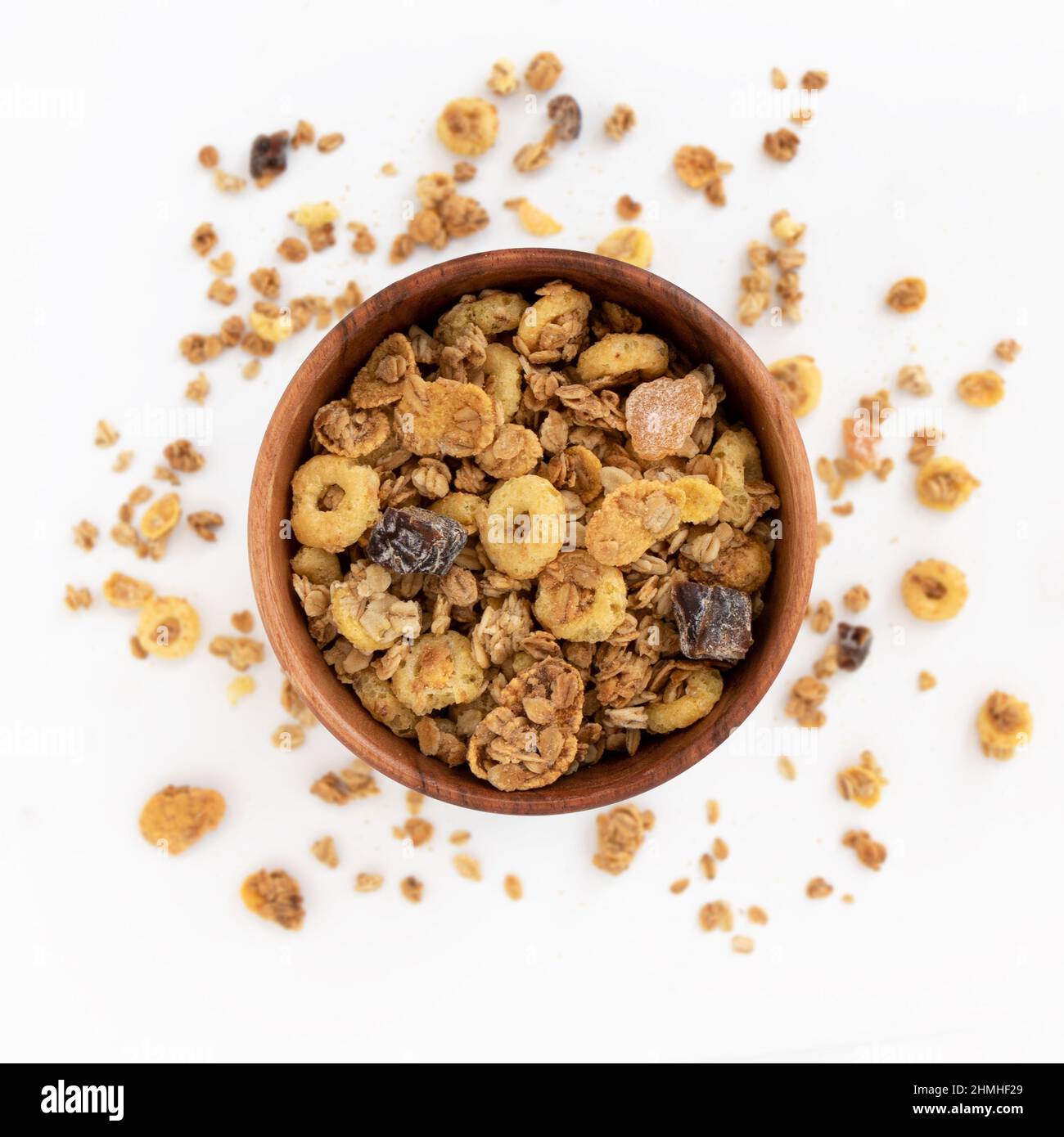 wooden bowl with organic granola cereal, whole grain muesli isolated on ...