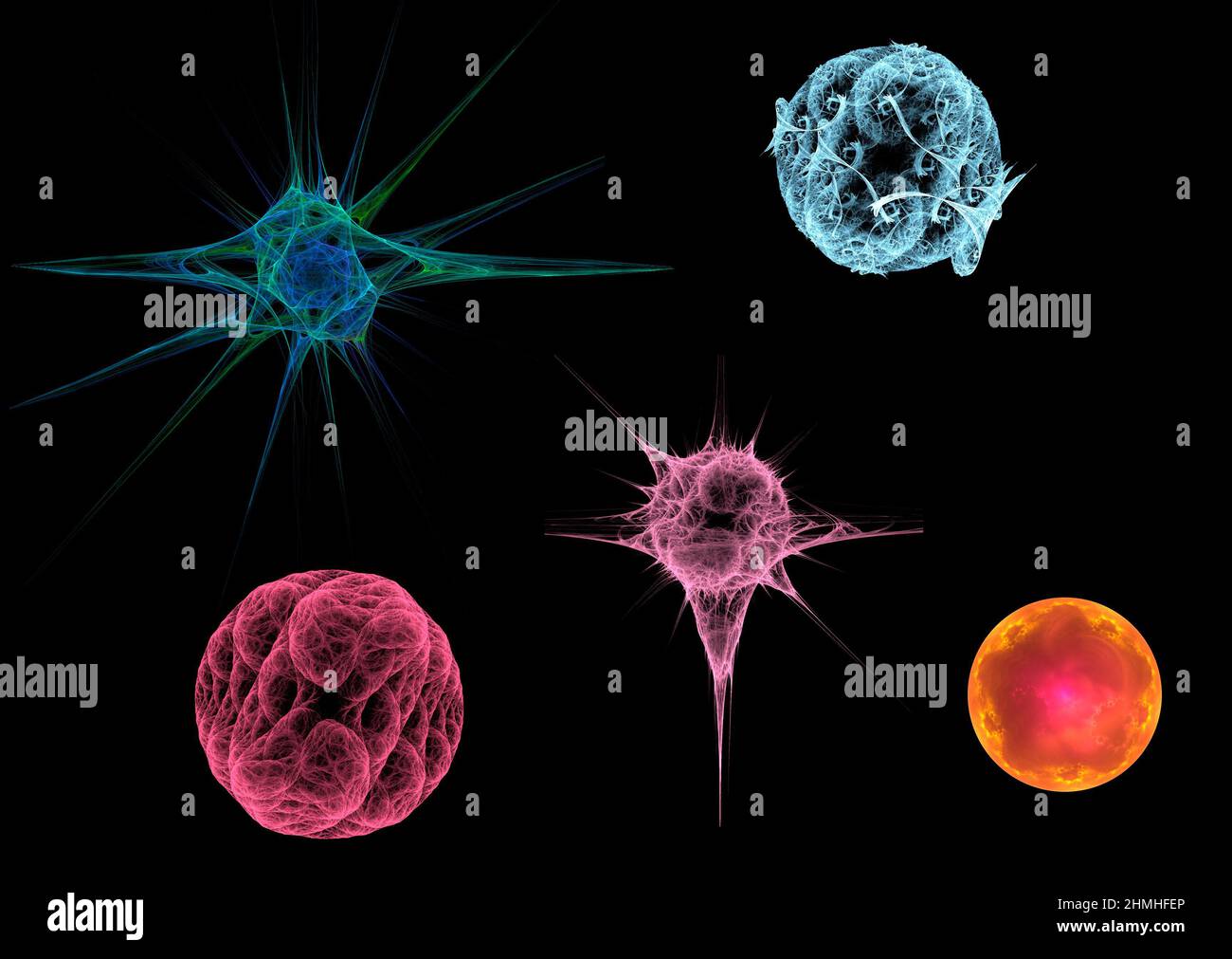 different viruses or bacteria scatter around. 3d rendering fractal ...
