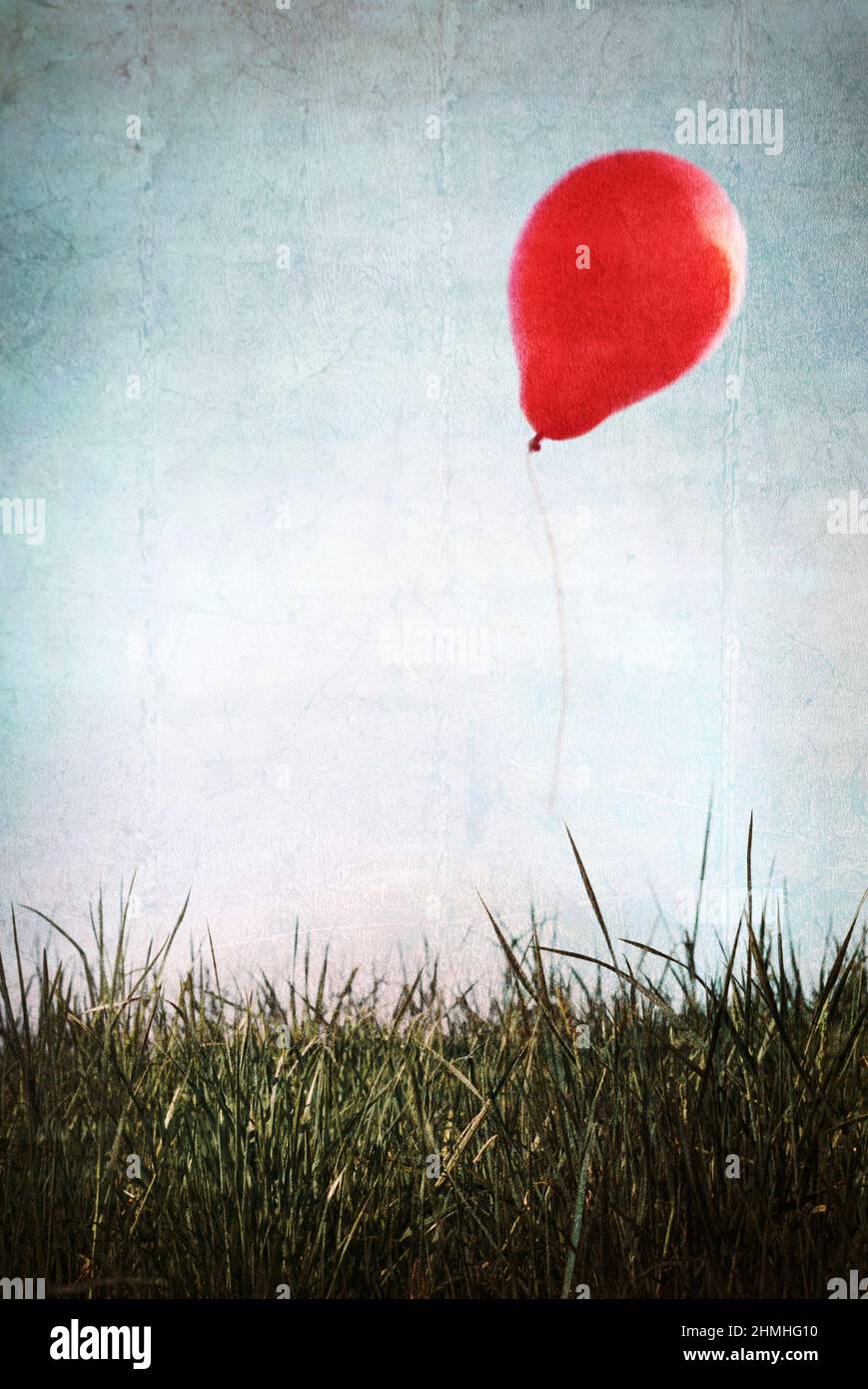 Red balloon floats freely over a meadow Stock Photo - Alamy