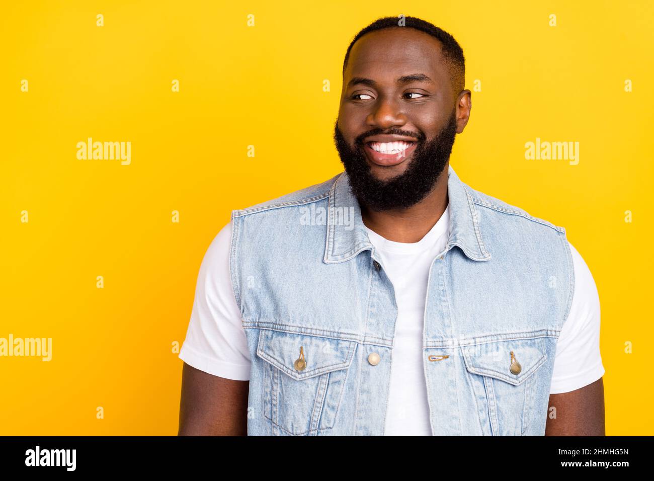 Portrait of attractive minded cheerful man thinking copy blank space ...