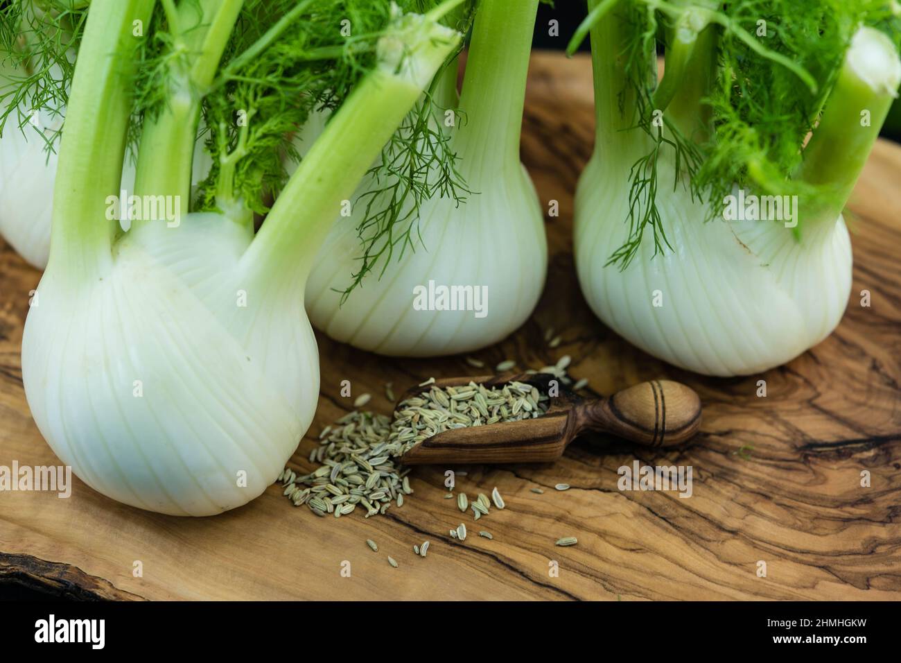 green and white fennel bulbs on olive wood Stock Photo - Alamy