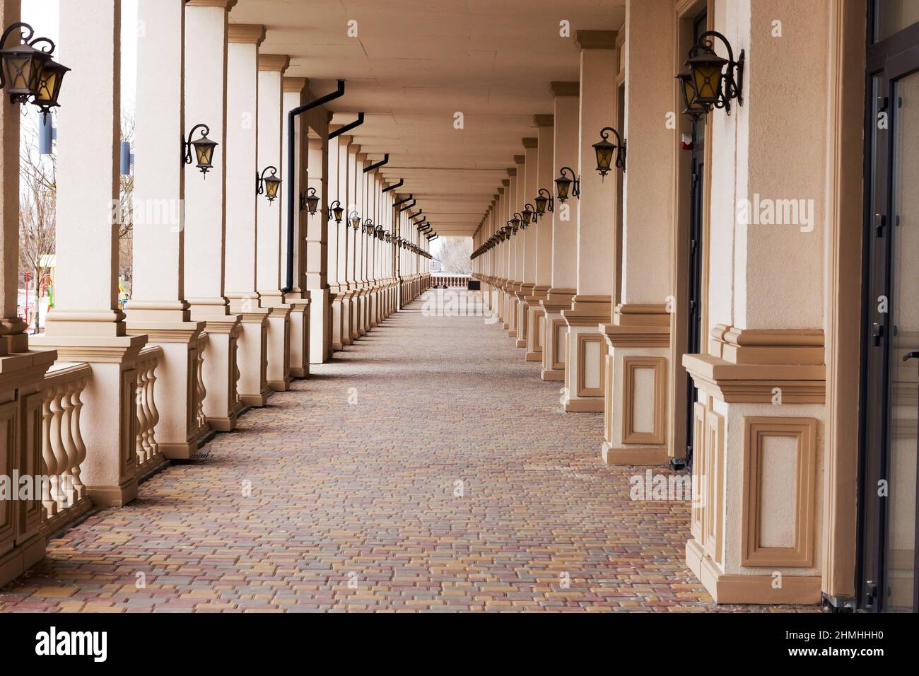 Terrace of residential building in perspective with beautiful lanterns ...