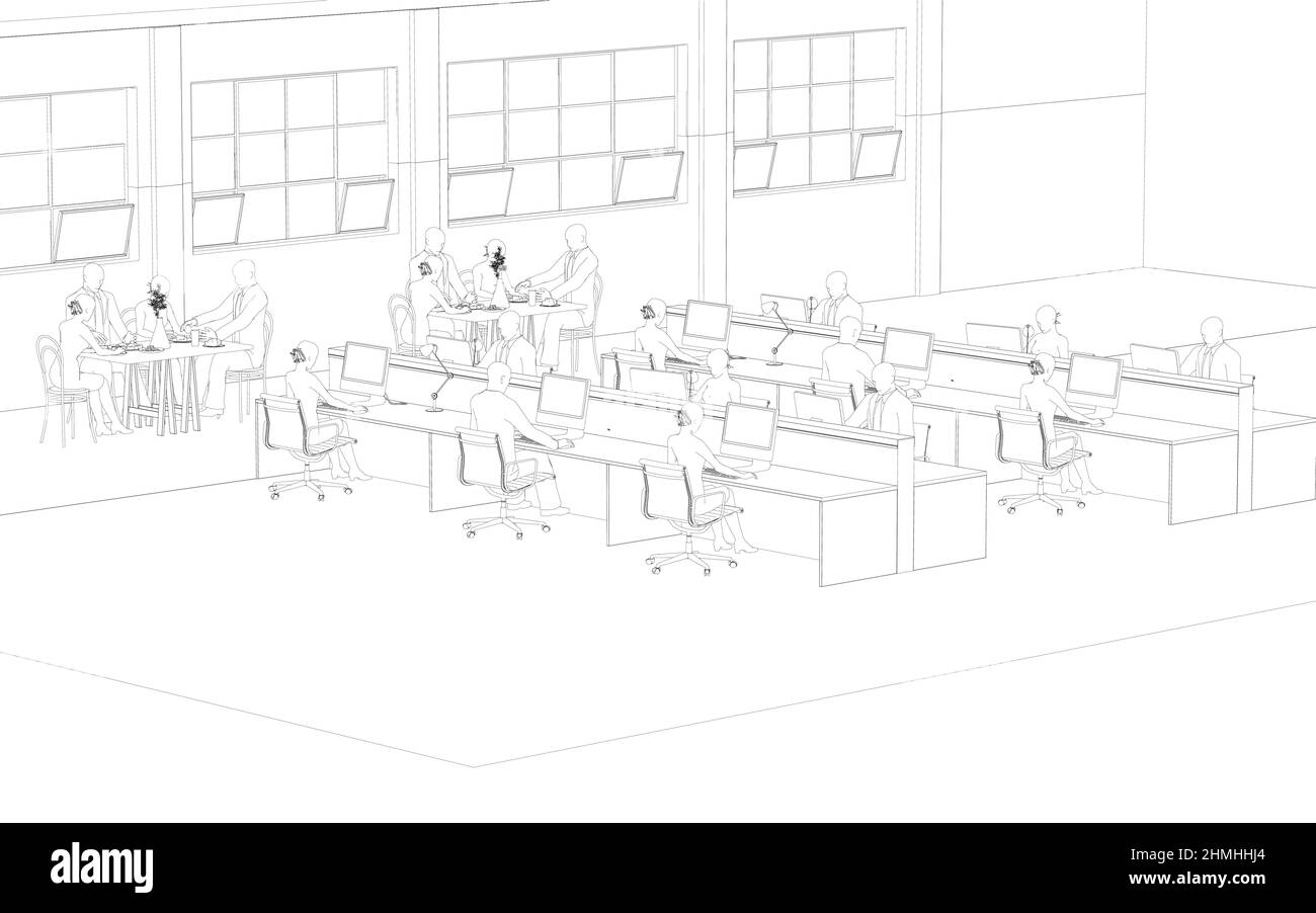 Outline of a large office with people working at computers and workers ...