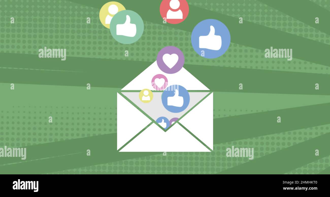 Image of envelope email icon with social media icons on rotating in ...