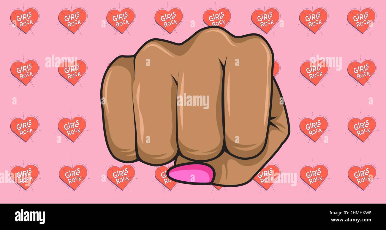 Image of female fist over multiple girls rock text on heart Stock Photo ...