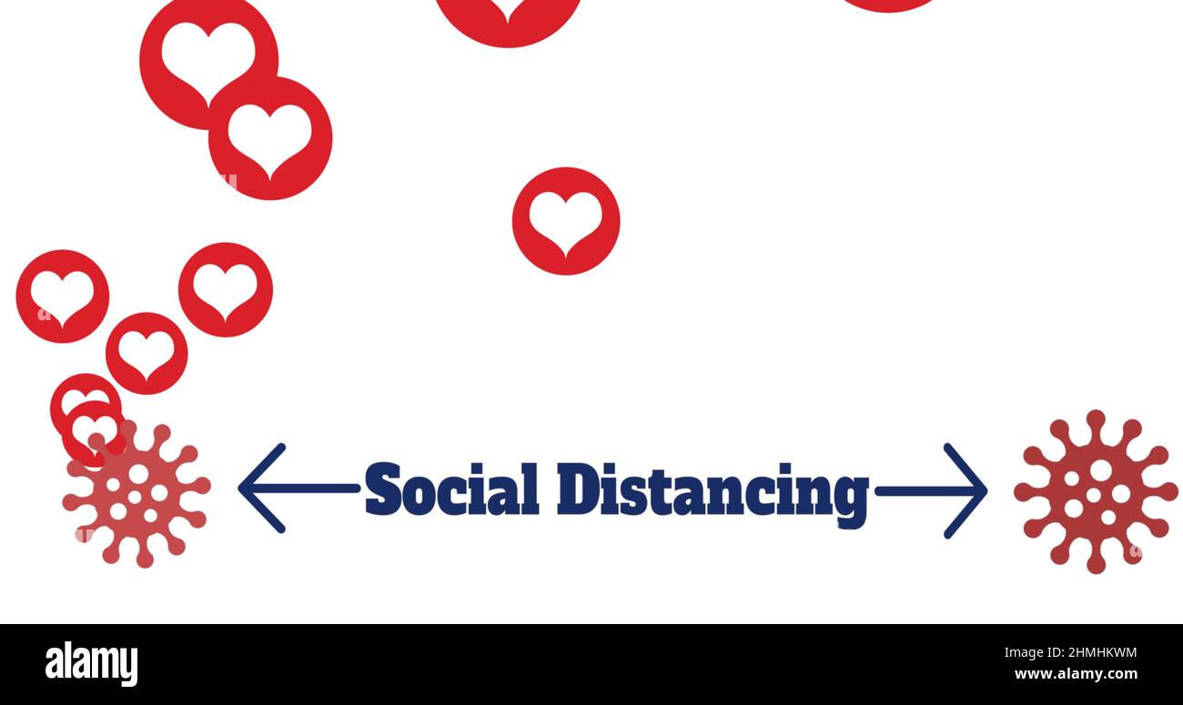Multiple heart icons moving against Covid-19 cells maintaining social ...