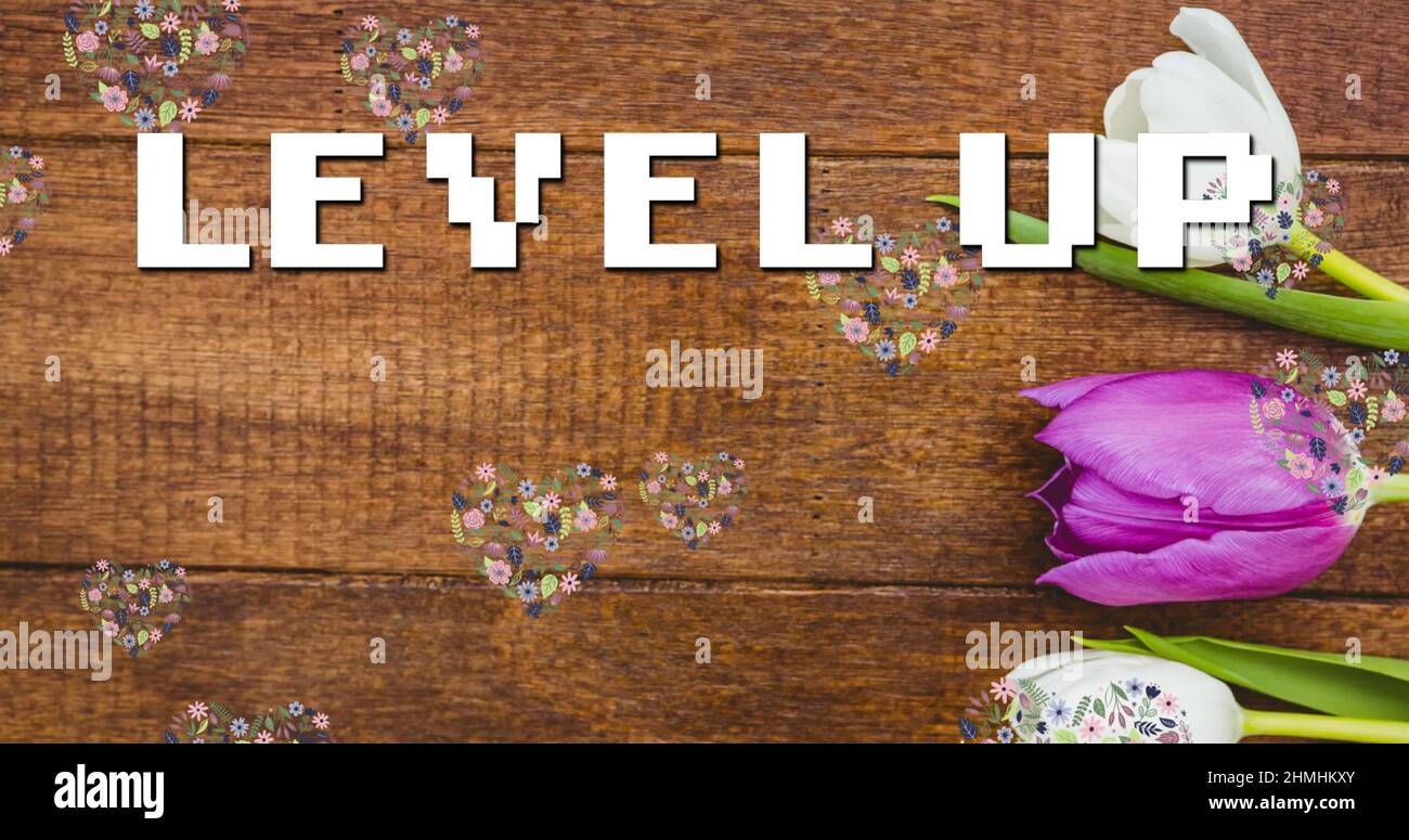 Image of level up in digital abstract space with tulips and flower ...