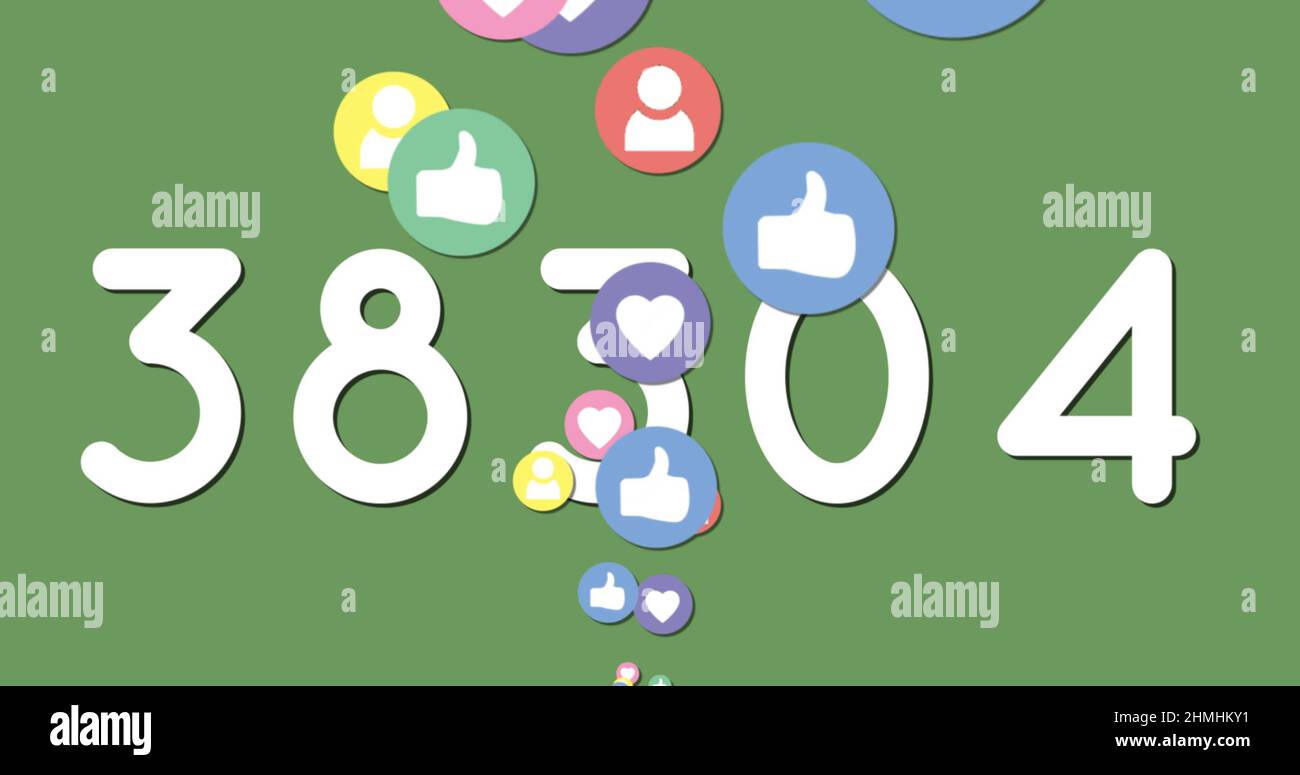 Increasing numbers and digital icons moving against green background ... Increasing numbers and digital icons moving against green background ...