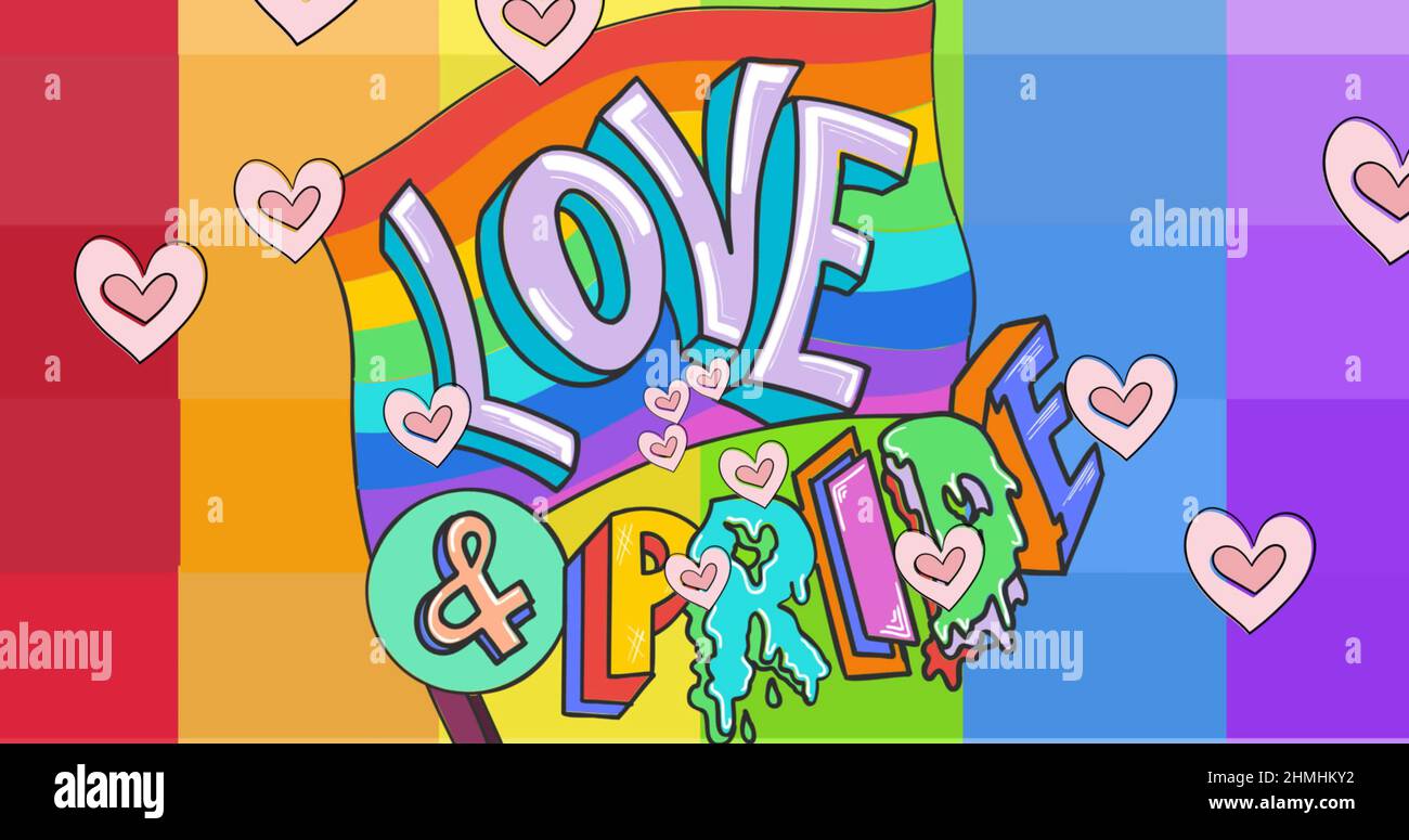 Image of hearts over rainbow love and pride text on rainbow background ...