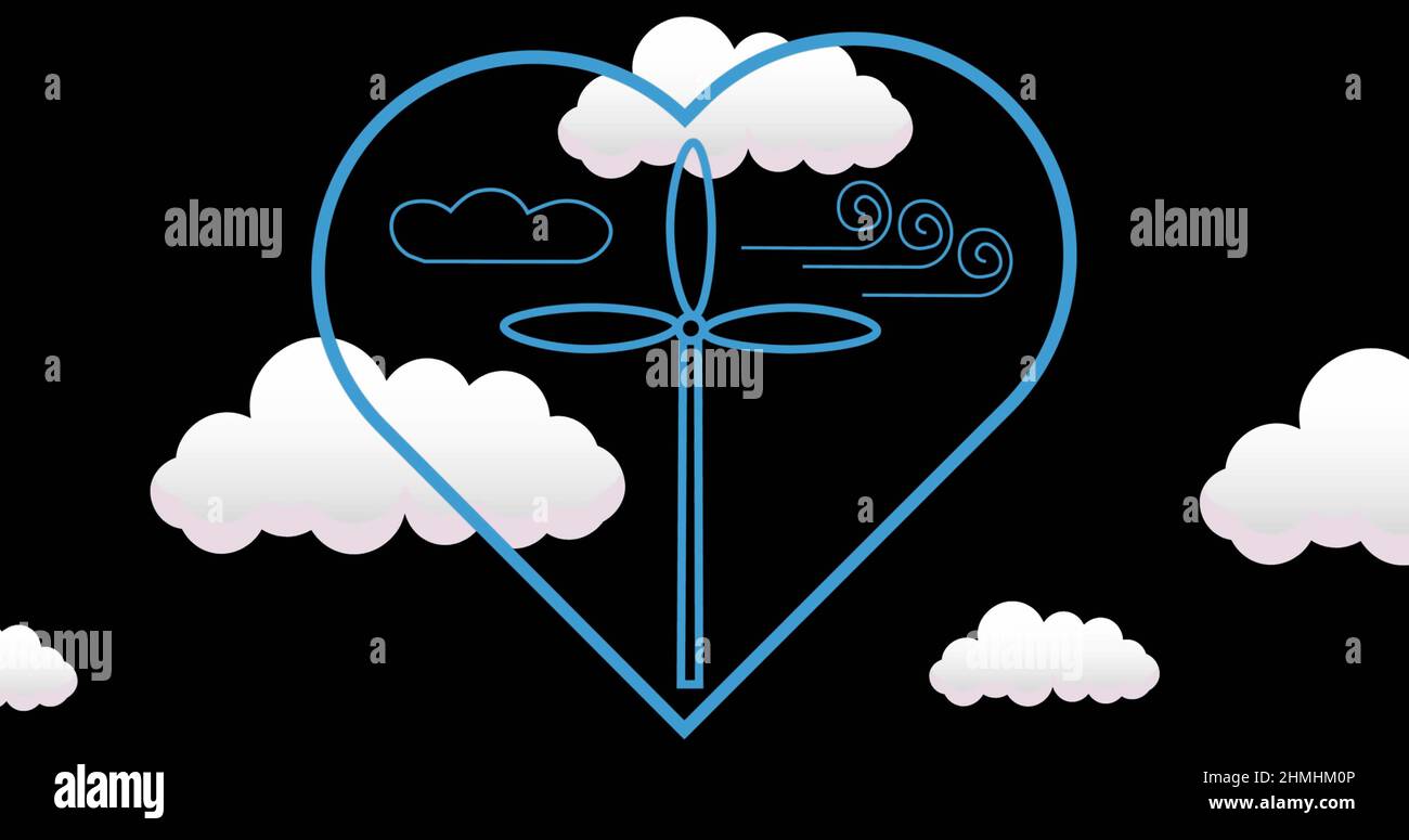 Image of wind turbine in heart over clouds on black background Stock ...