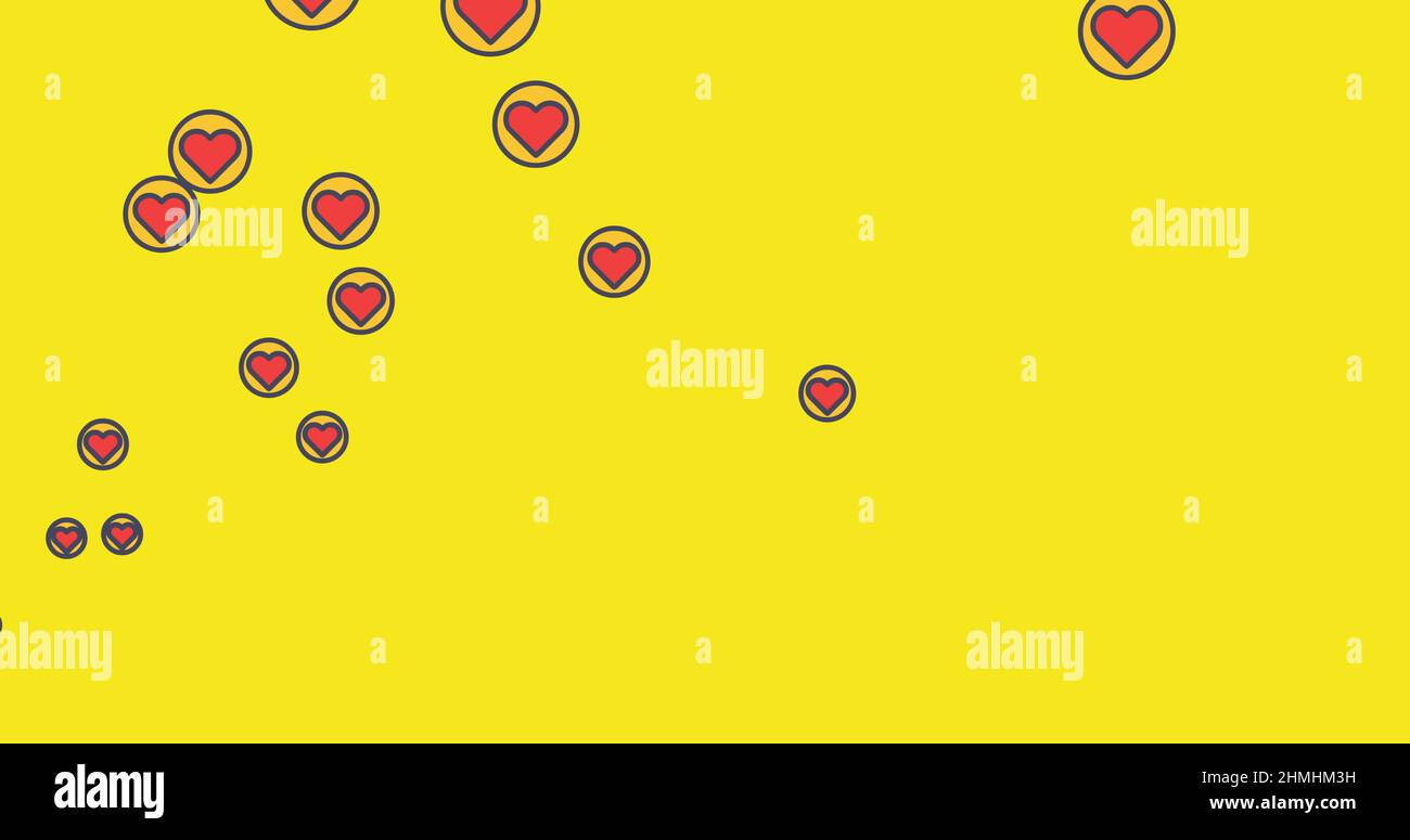 Digital image of multiple red heart icons floating against yellow ...