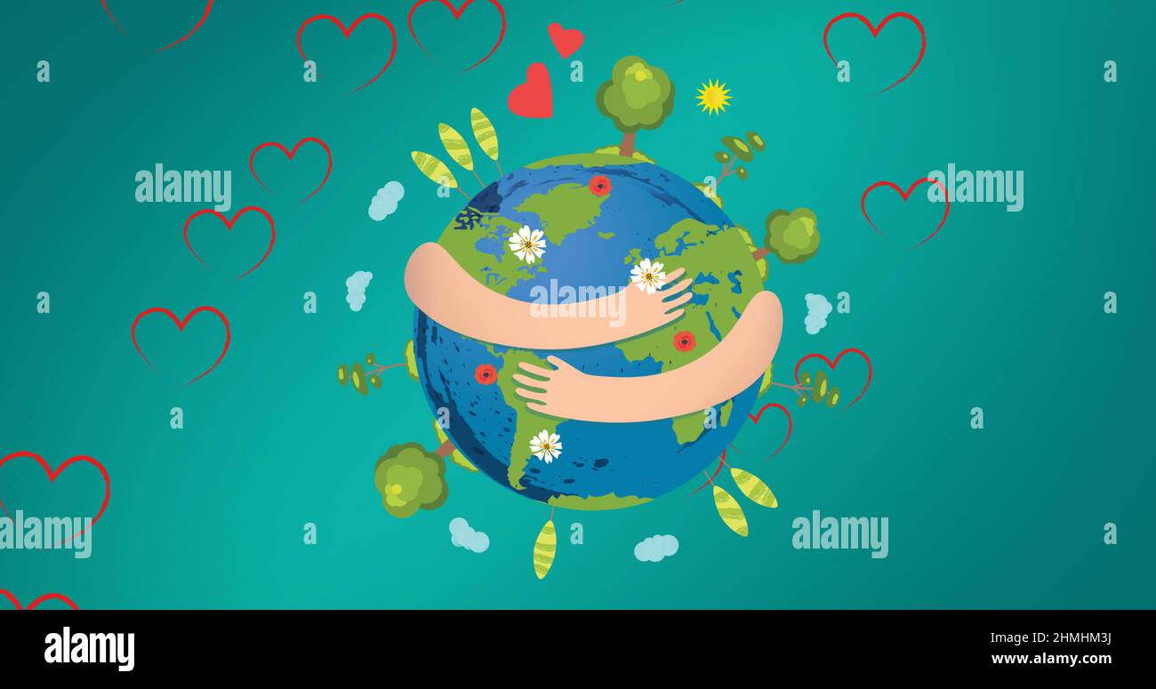 Image of arms hugging globe and falling hearts blue background Stock ...