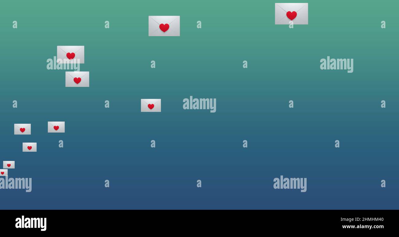 Digital image of red heart icon on message icon floating against green ...