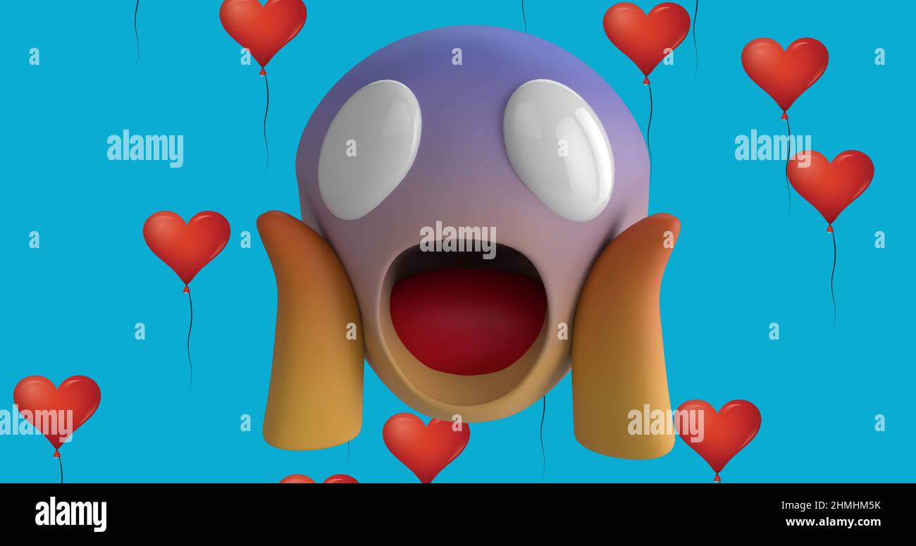 Image of shocked emoji icon with red heart balloons icons on blue ...