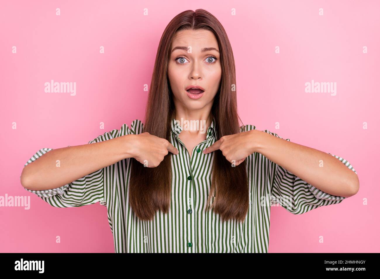 Photo Of Speechless Lady Direct Fingers Herself Accusation Reaction