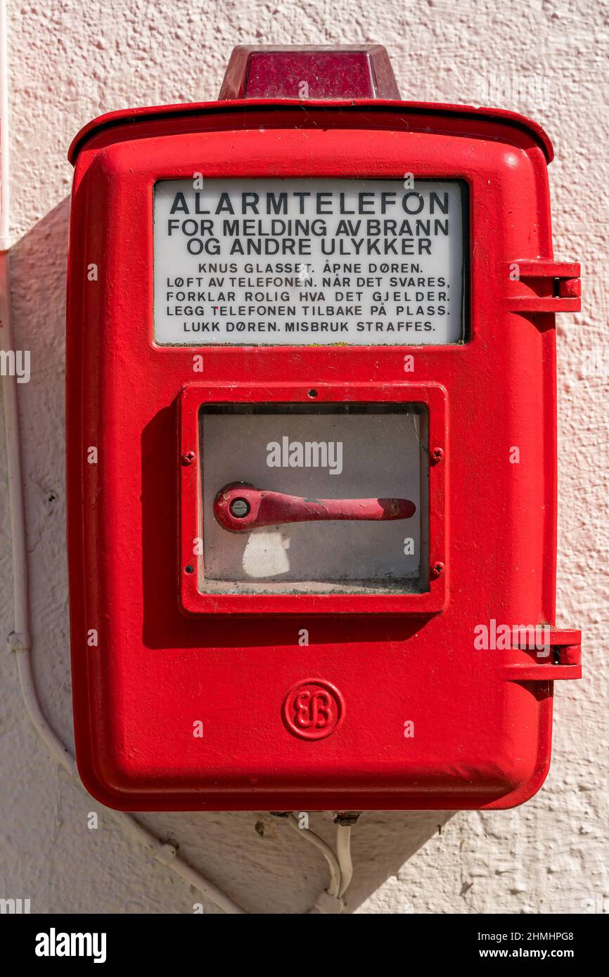 UNDREDAL, NORWAY - 2020 JULY 09. Red fire Alarm and Emergency Phone in ...