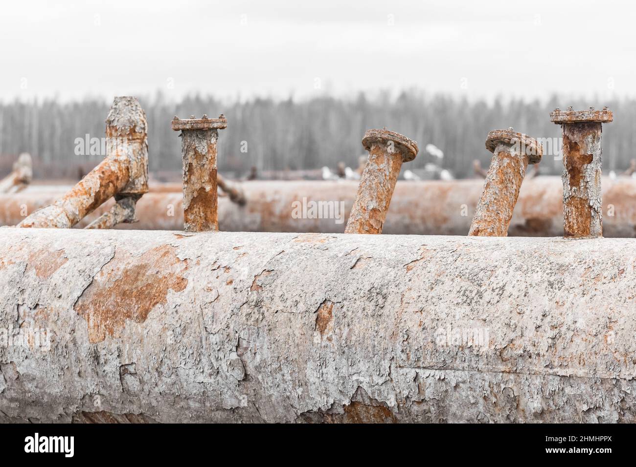 Old steel rusty abandoned pipes of the water cooling pipeline system of ...