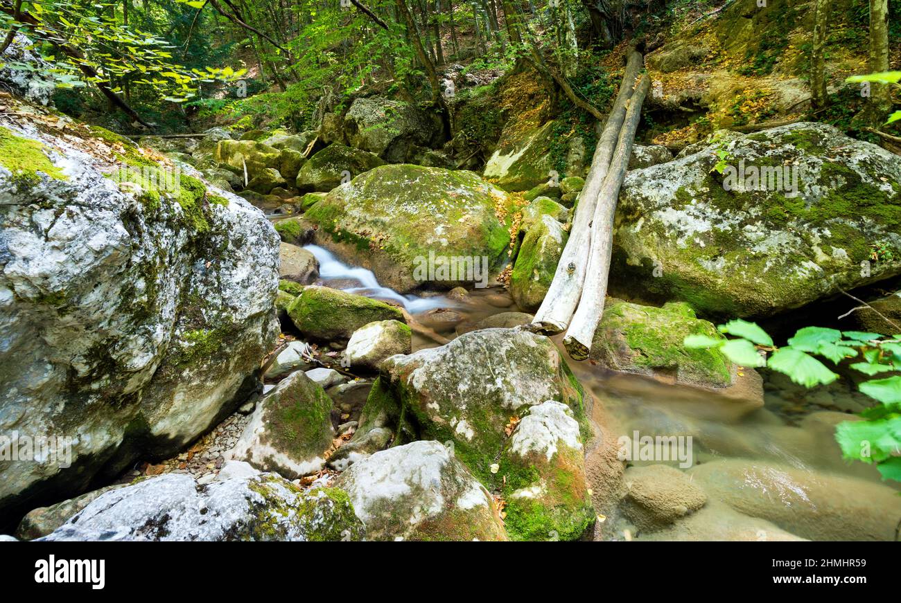 Debris in mountain river. Debris in mountain river is obstacle for ...