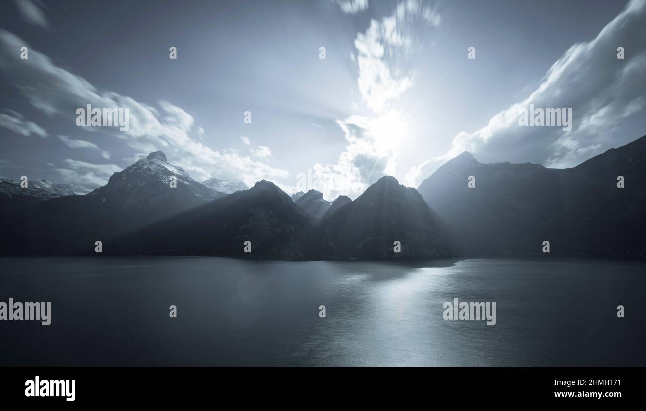 Mountain landscape in backlight. Long exposure. Fantastic air ...