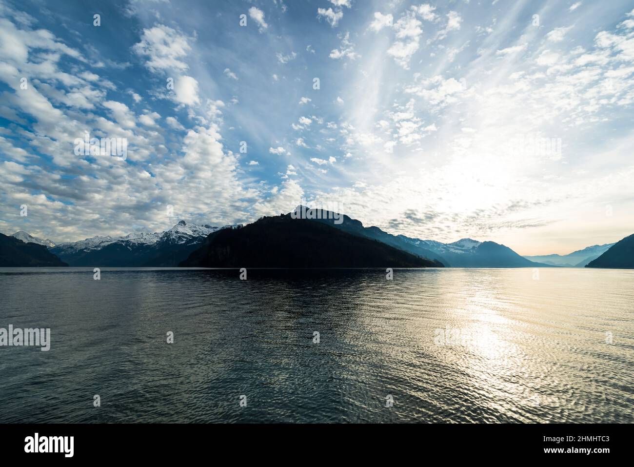 Mountainous landscape. Swiss Alps. Cloudy sky above Lake Lucerne Stock ...