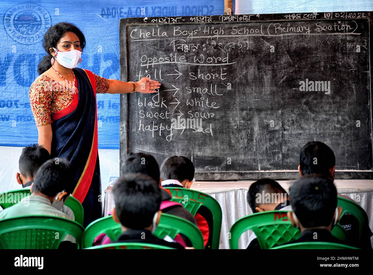 Kolkata, India. 10th Feb, 2022. A teacher seen teaching students during ...