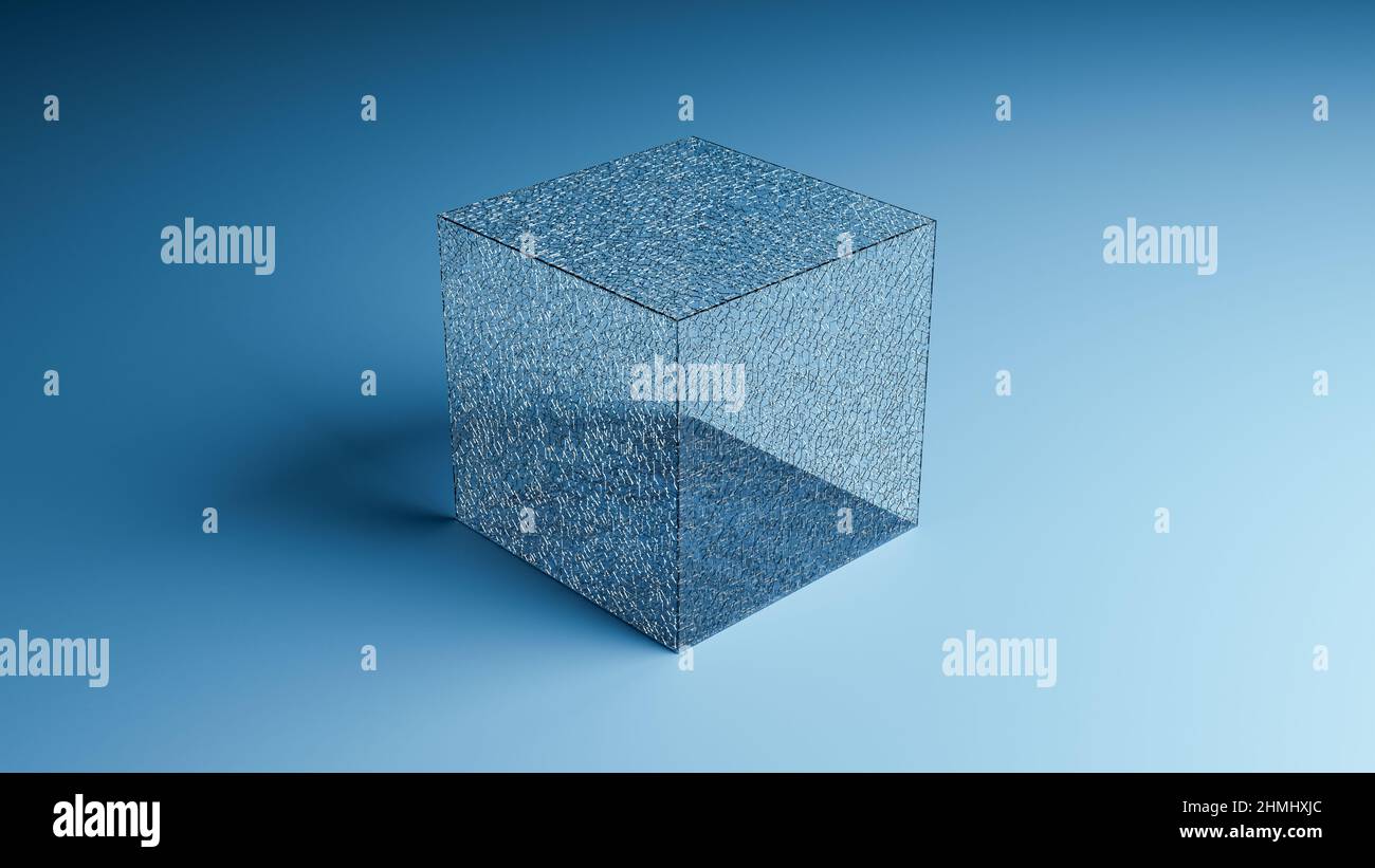 3D illustration of a cracked glass cube exploding in many small pieces ...