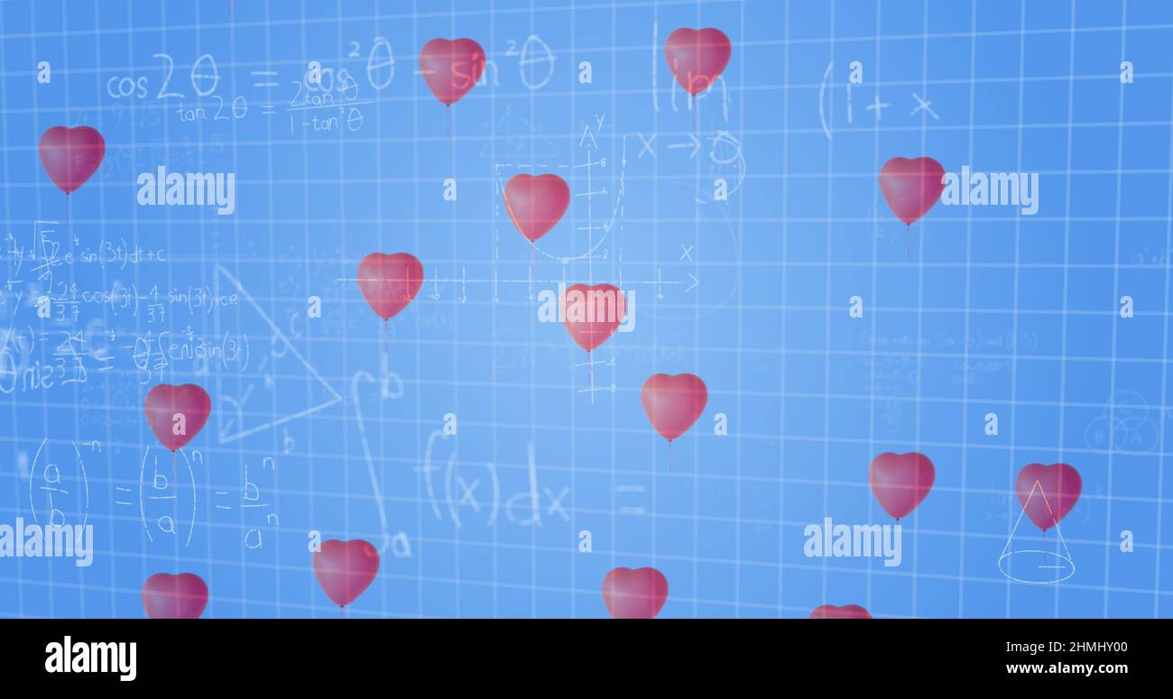 Image of hearts falling over mathematical equations on blue background ...
