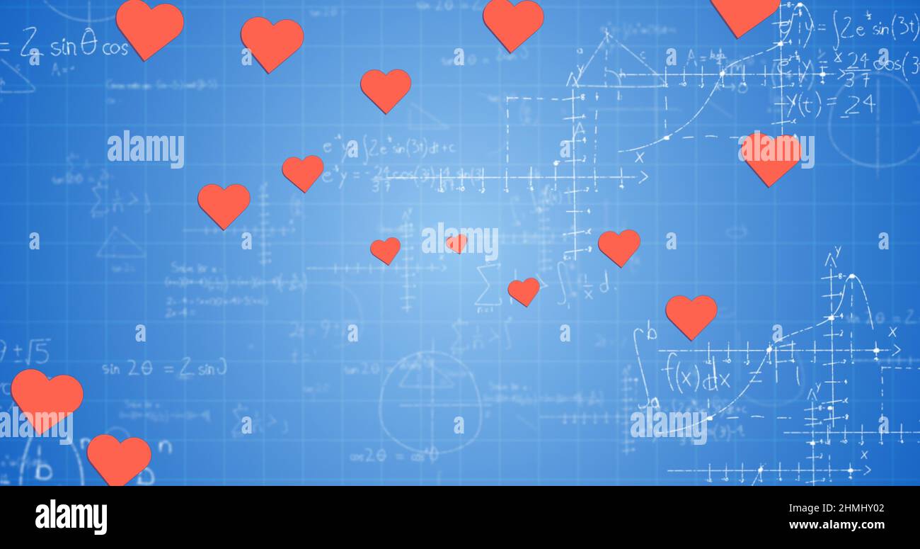 Image of hearts falling over mathematical equations on blue background ...