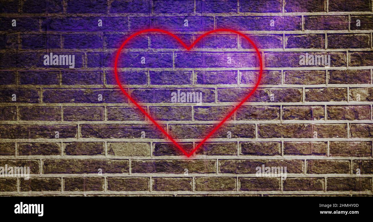 Image of neon heart icon flickering with copy space over brick wall ...