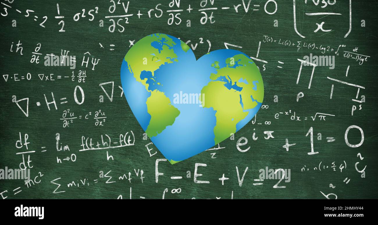 Image of heart with map over mathematical equations on chalkboard Stock ...