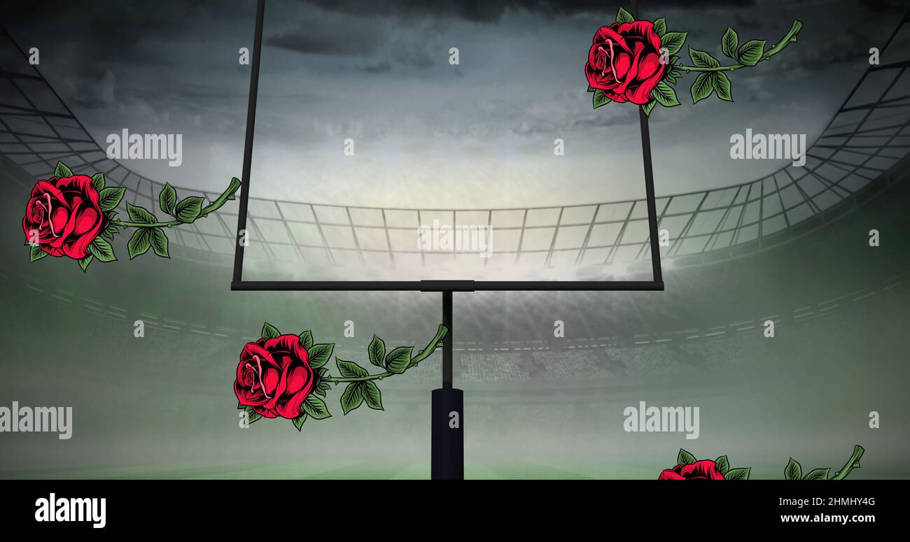 Image of red roses falling over american football goal at stadium Stock ...