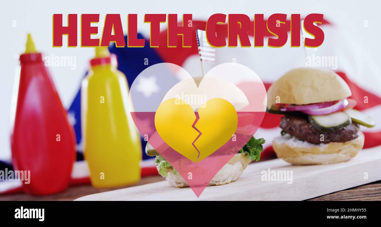 Health Crisis text and breaking heart icon against burgers Stock Photo ...