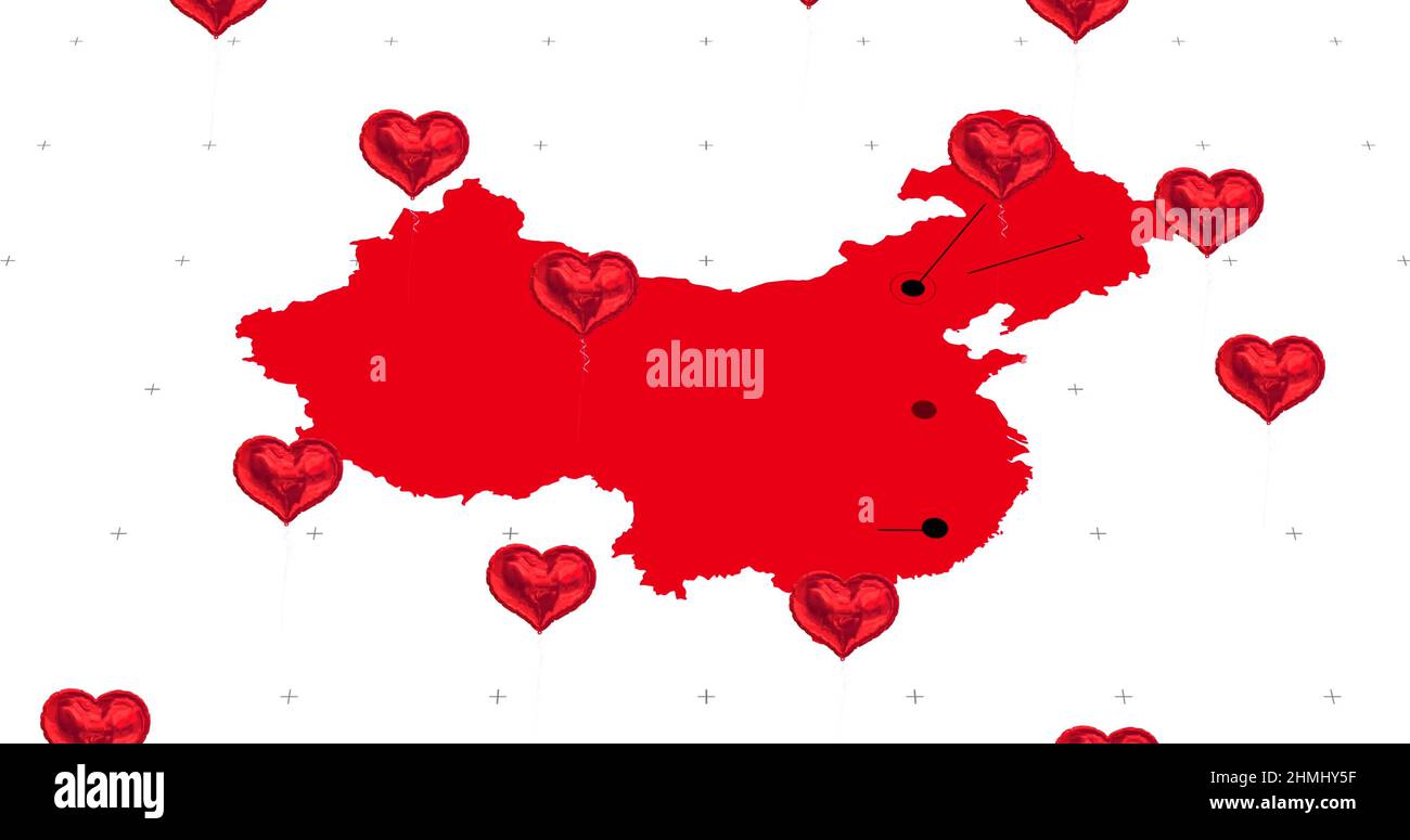 Multiple heart shapes balloons floating against world map on white ...