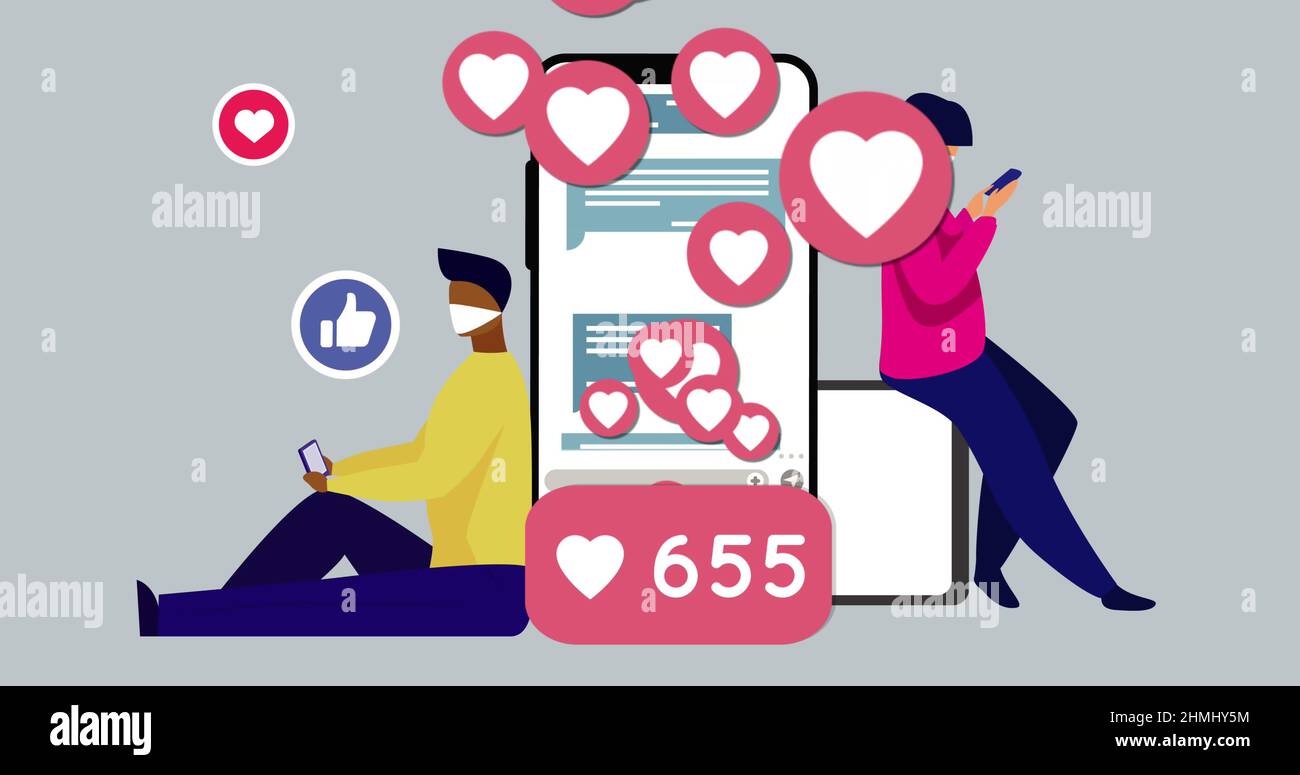 Heart icons floating with increasing numbers against man and woman ...