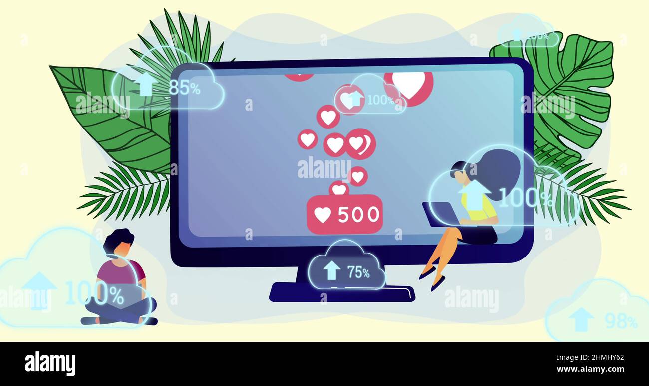 Image of clouds with rising numbers over a tv screen with flying hearts ...
