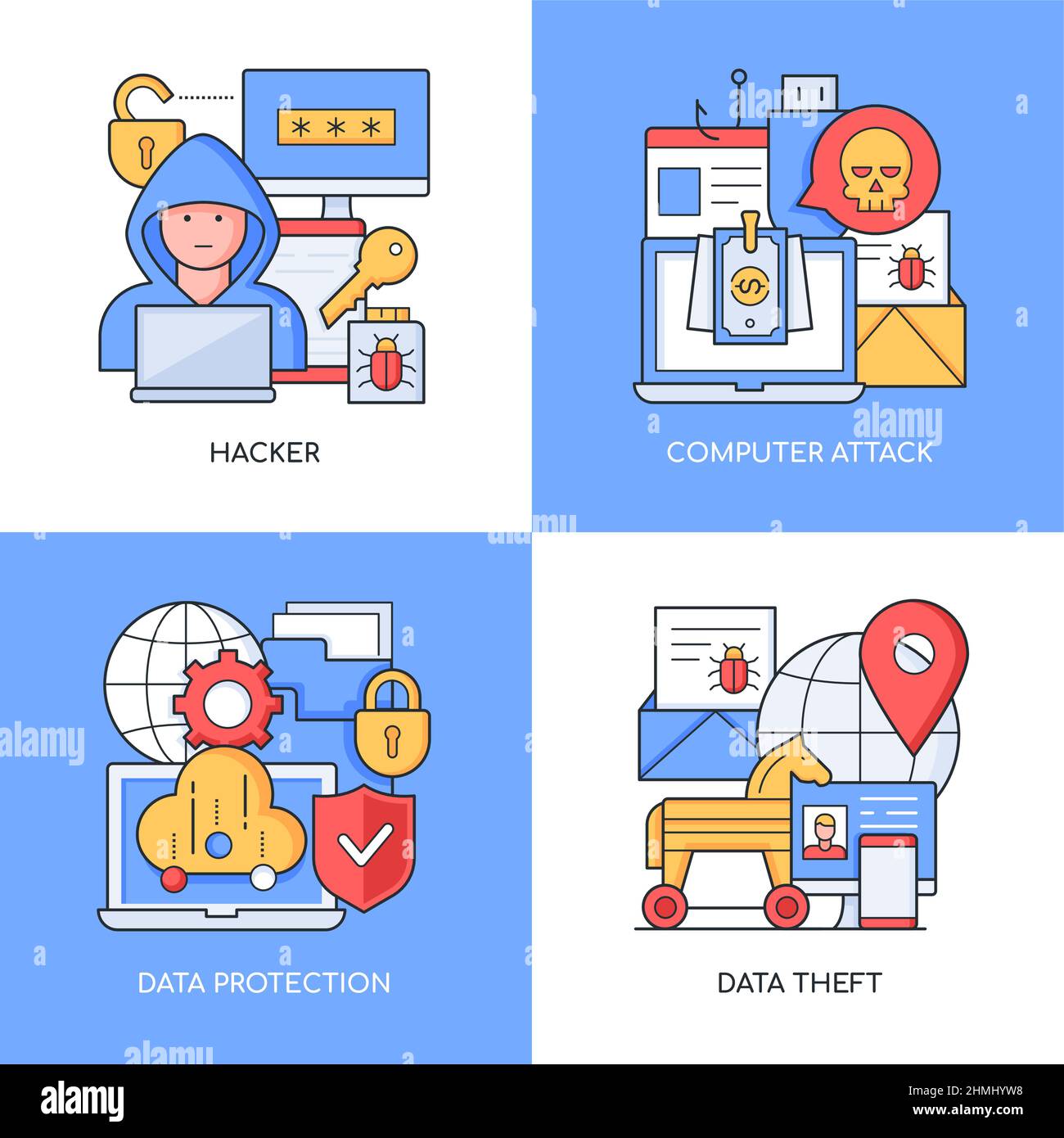 Data theft and hacking - set of line design style colorful ...