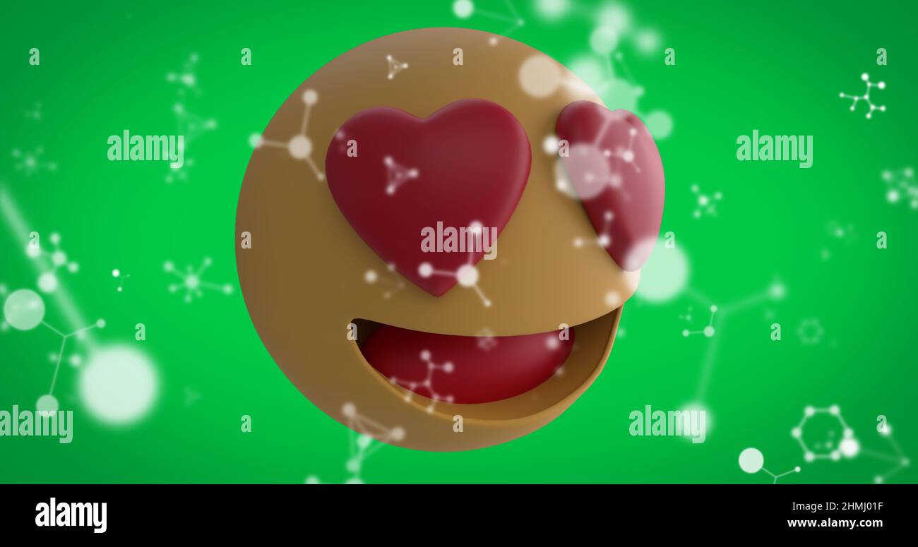 Image of love emoji icon over falling connections on green background ...