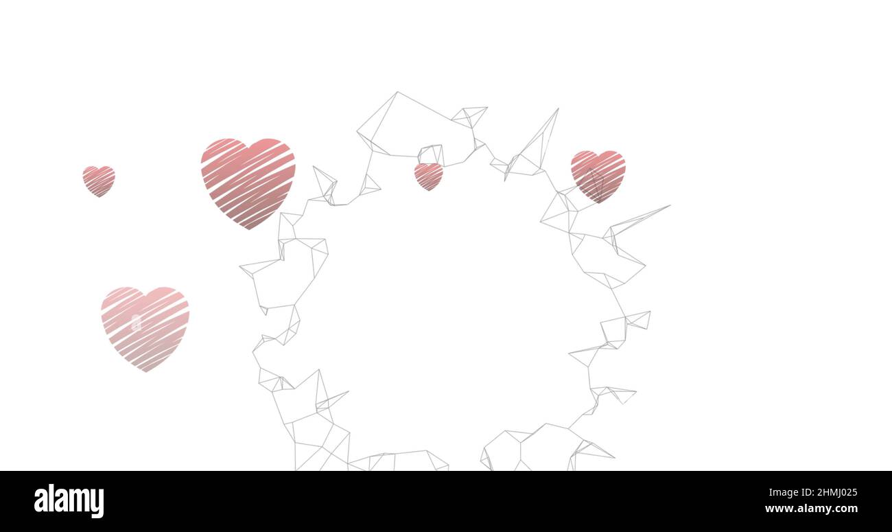 Abstract geometric shapes spinning over multiple red heart icons ...