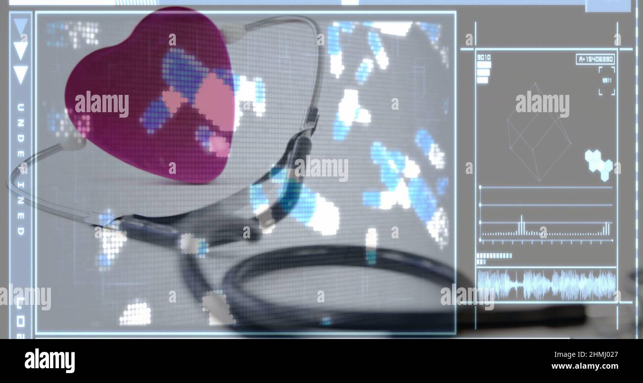 Image of screens with medical data processing over heart and ...
