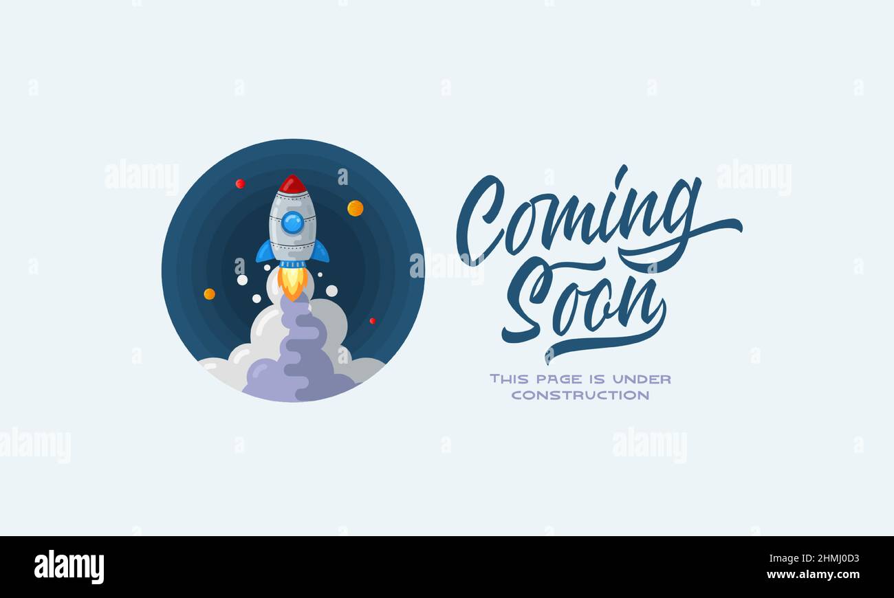 Coming soon lettering with flat style rocket in space sign web template ...