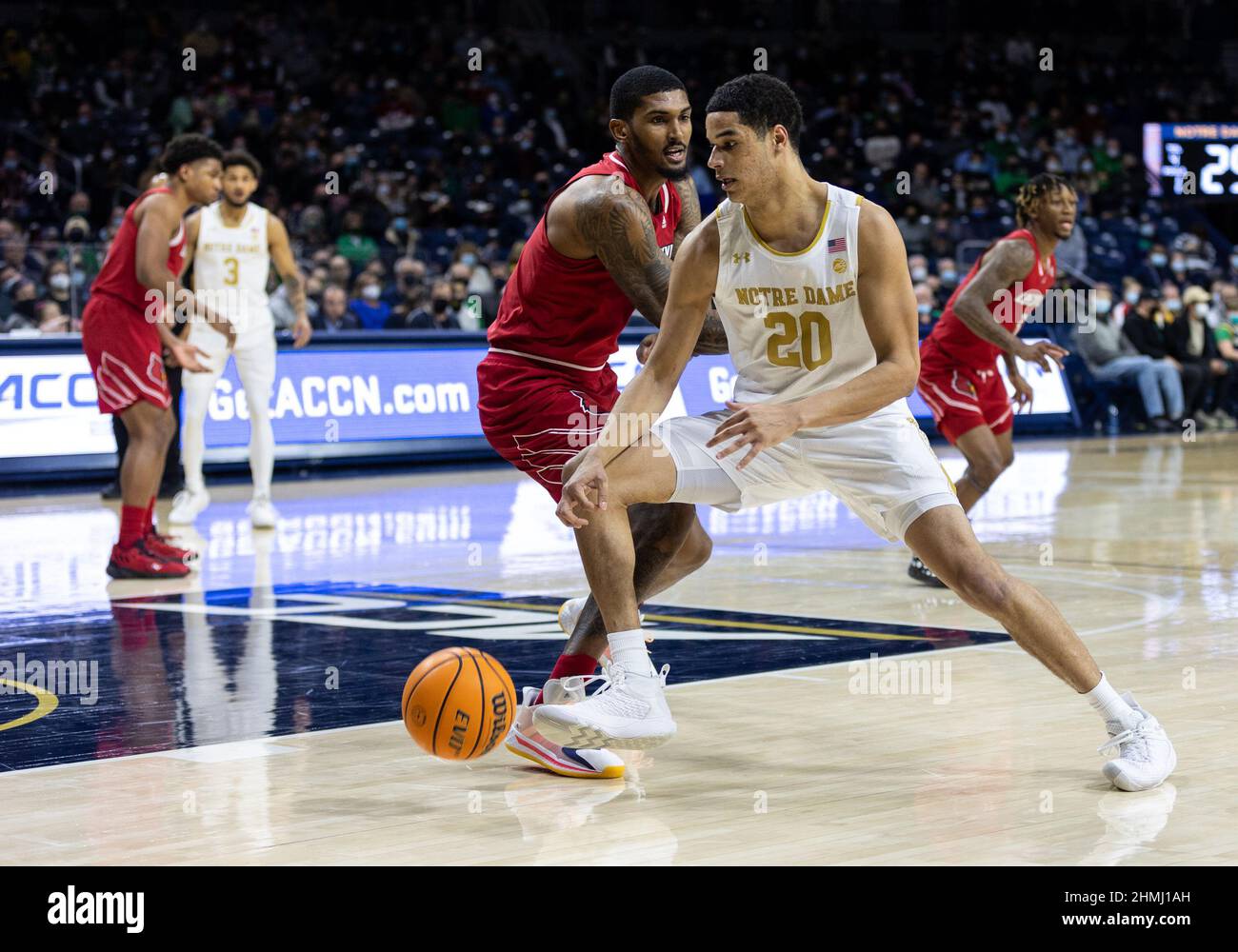 February 09, 2022: Notre Dame forward Paul Atkinson Jr. (20) drives to ...