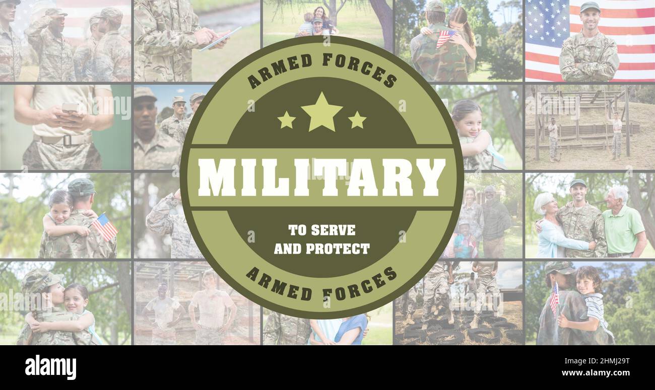 Digital composite image of text on military badge over collage of ...