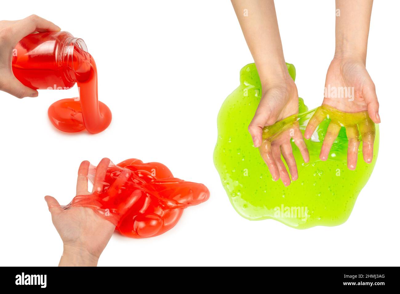 Green slime toy in woman hand isolated on white. Top view Stock Photo ...